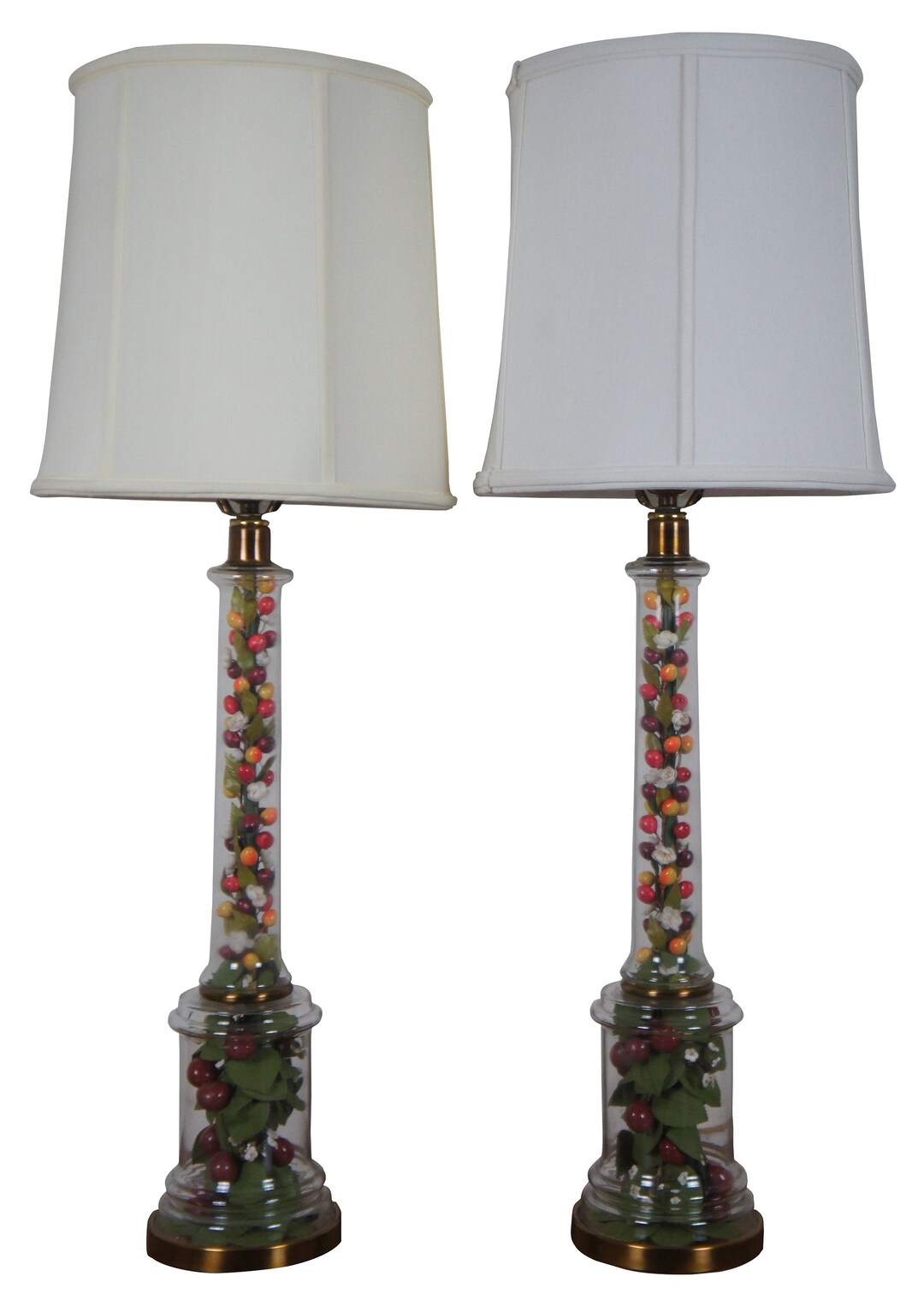 2 Mid Century Frederick Cooper Glass Brass Foliage Fruit Berries Table ...