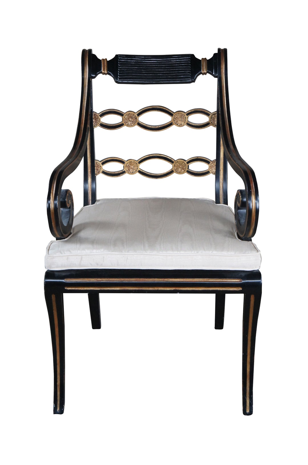 English Regency Caned Riddle Back Ebonized Black & Gold Scrolled Arm ...