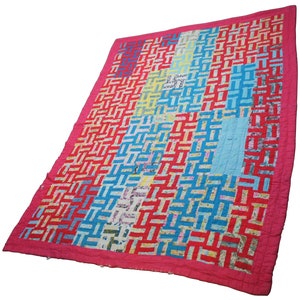 Vintage Hand Stitched Patchwork Quilt Red & Blue Full Size Bedspread ...