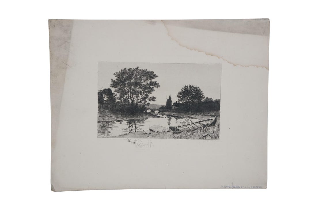 Antique John Octavius JO Anderson Old Stone Bridge Landscape Etching 14 ...