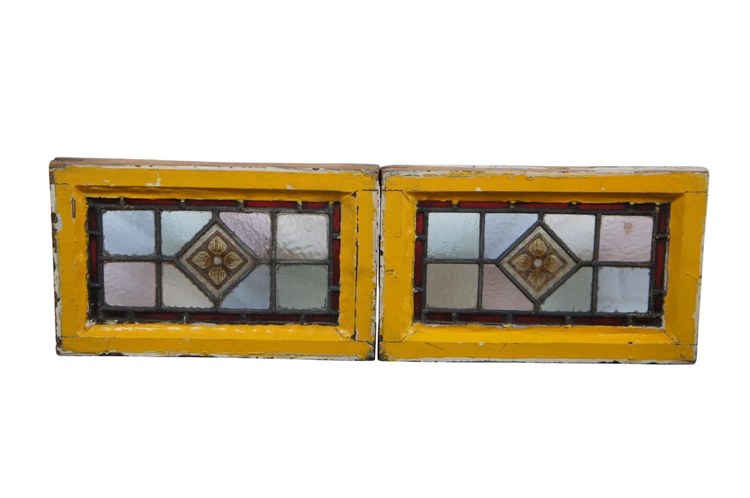 Pair of Antique Reclaimed Leaded Stained Pebbled Glass Diamond Panel ...