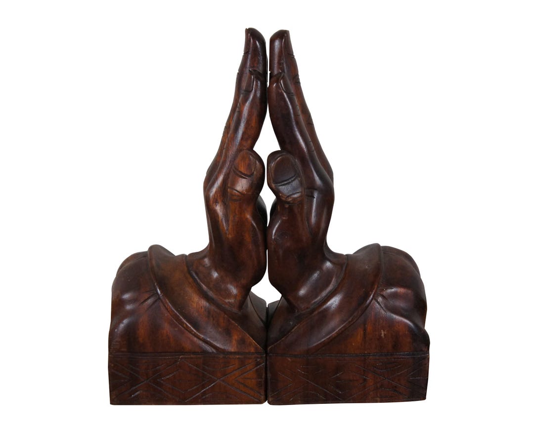 Vintage Carved Mahogany Praying Hands Prayer Library Bookend Sculptures ...