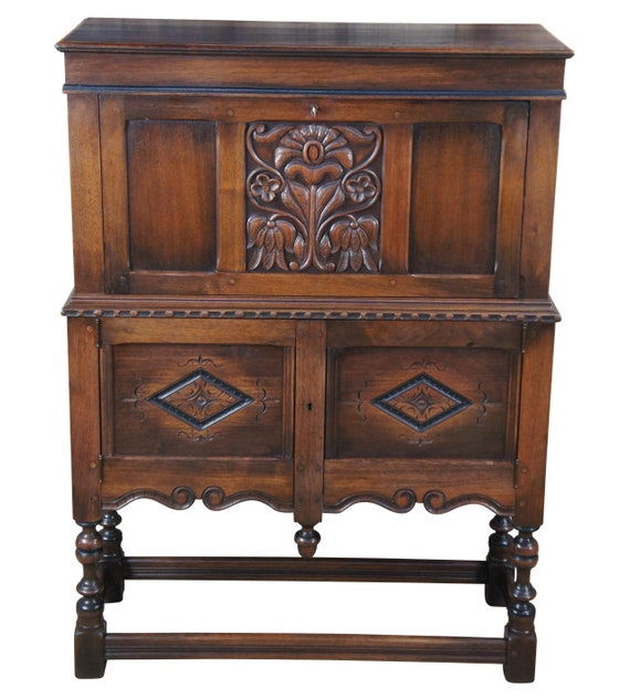 Antique Kittinger Jacobean Spanish Revival American Walnut Carved Secretary Desk Etsy
