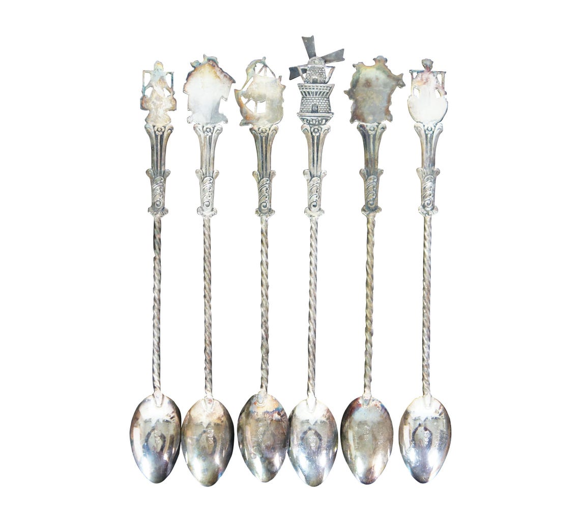 6 Holland Dutch Silver Plate Barley Twisted Souvenir Iced Tea Sugar ...