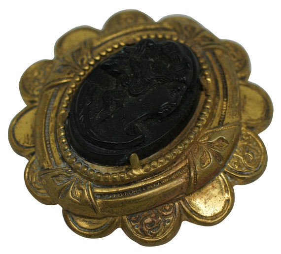 Antique Victorian Jet Black Vulcanite & Bronze Cameo … - Gem