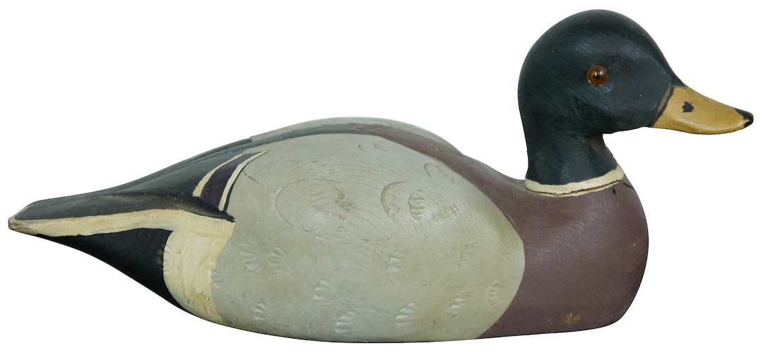 Vintage Carved & Painted Wood Drake Duck Mallard Decoy Glass Eyes 14 ...