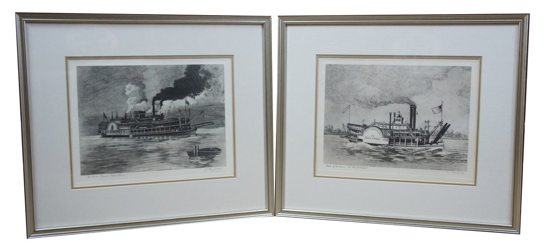 2 Menzo Van Esveldt Steamboat Paddle Boat Etchings Pride River Island ...