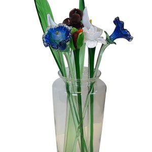 10pc Italian Murano Art Glass Long Stem Flower Bouquet Leaves & Vase 23 ...