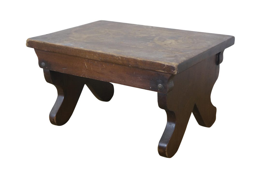 Antique Primitive Early American Oak Footstool Step Stool Rest Ottoman ...