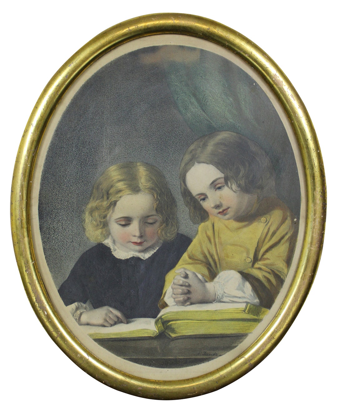 Antique German M Janke Oval Lithograph Print Children Reading Psalms F ...