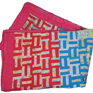 Vintage Hand Stitched Patchwork Quilt Red & Blue Full Size Bedspread ...