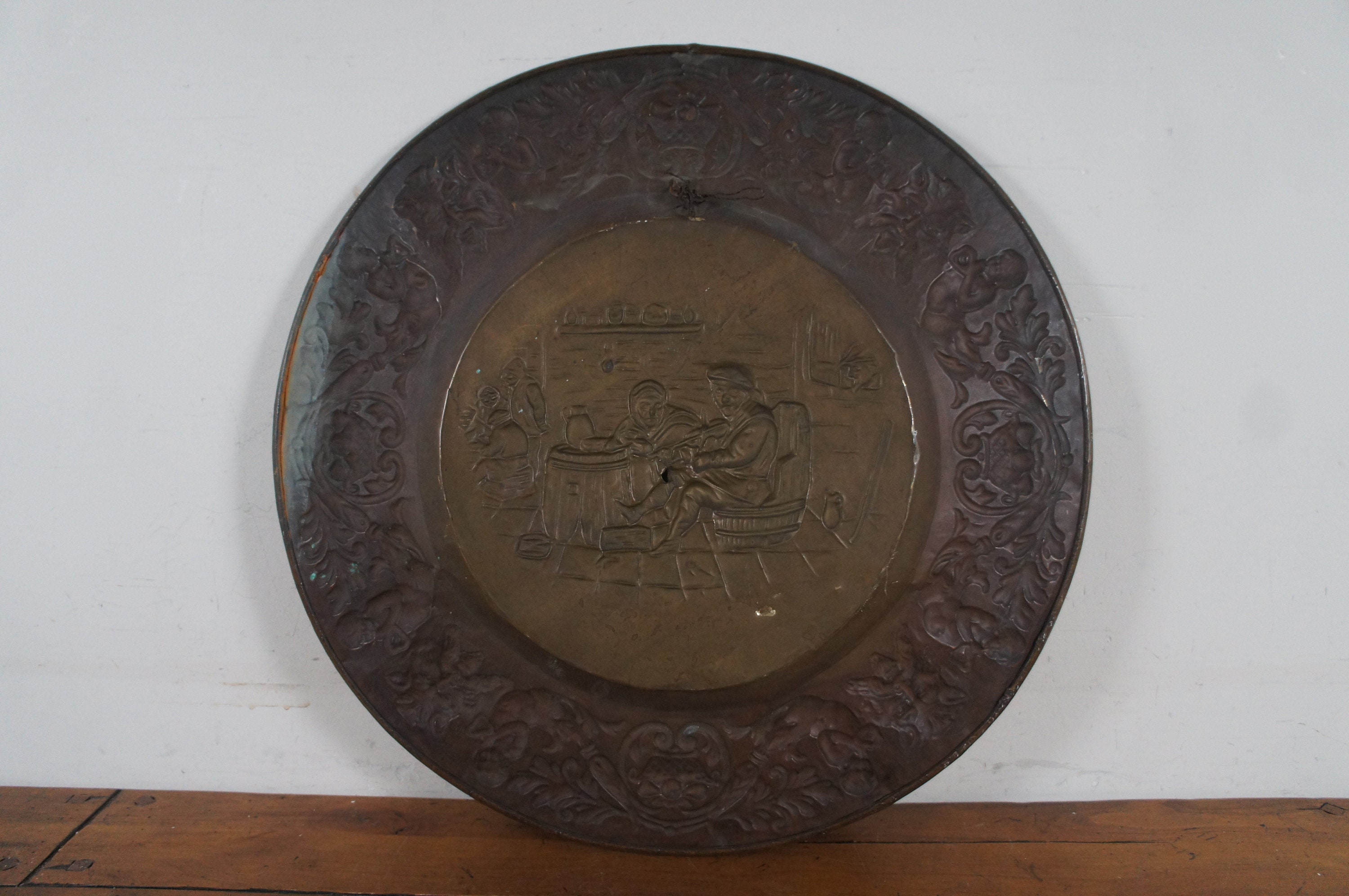 Antique Copper Embossed Tavern Scene Repousse Wall Plaque Charger ...
