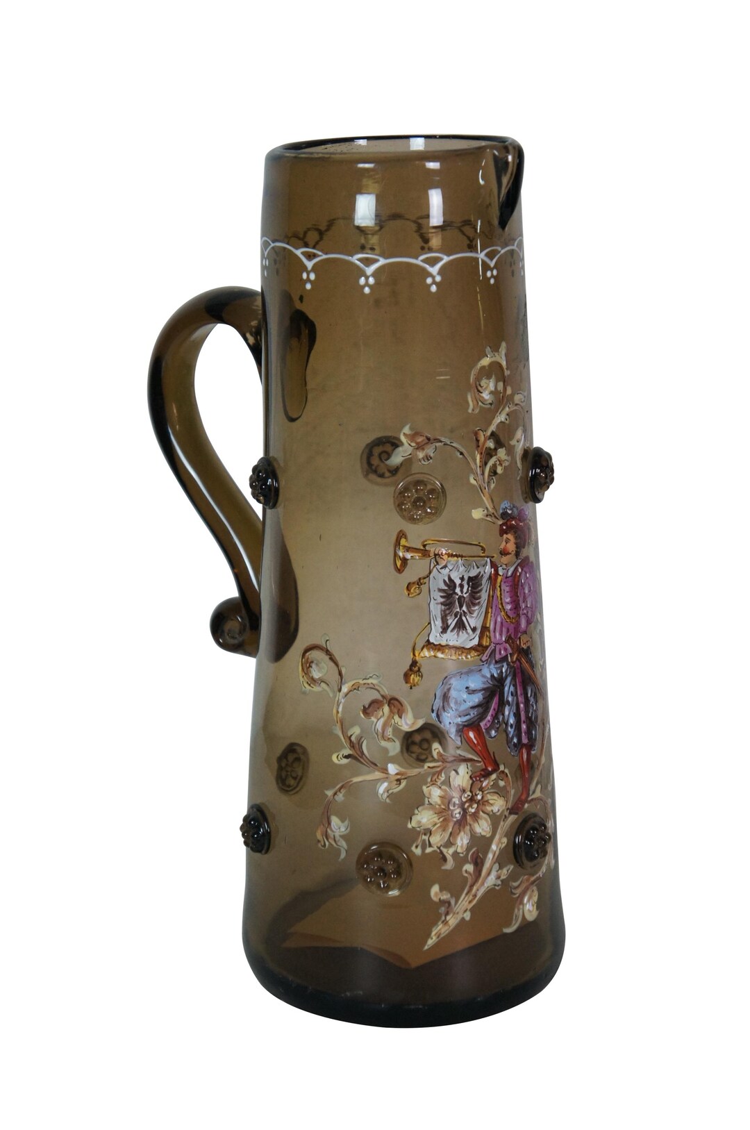 Antique German Brown Glass Hobnail Enameled Heraldic Water Pitcher 13 ...