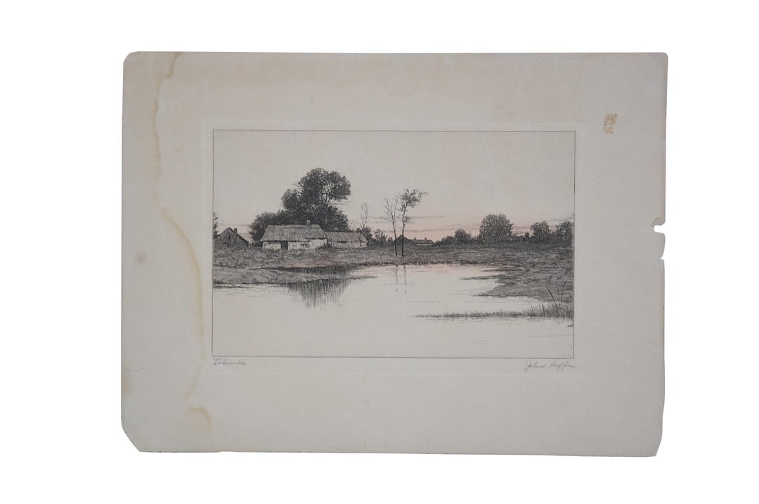 Antique John Ruffin Signed Lakeside Thatched Cottage Landscape Etching ...
