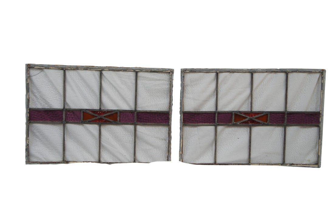 Pair of Antique Reclaimed Leaded Stained Amethyst Glass Window Panels ...
