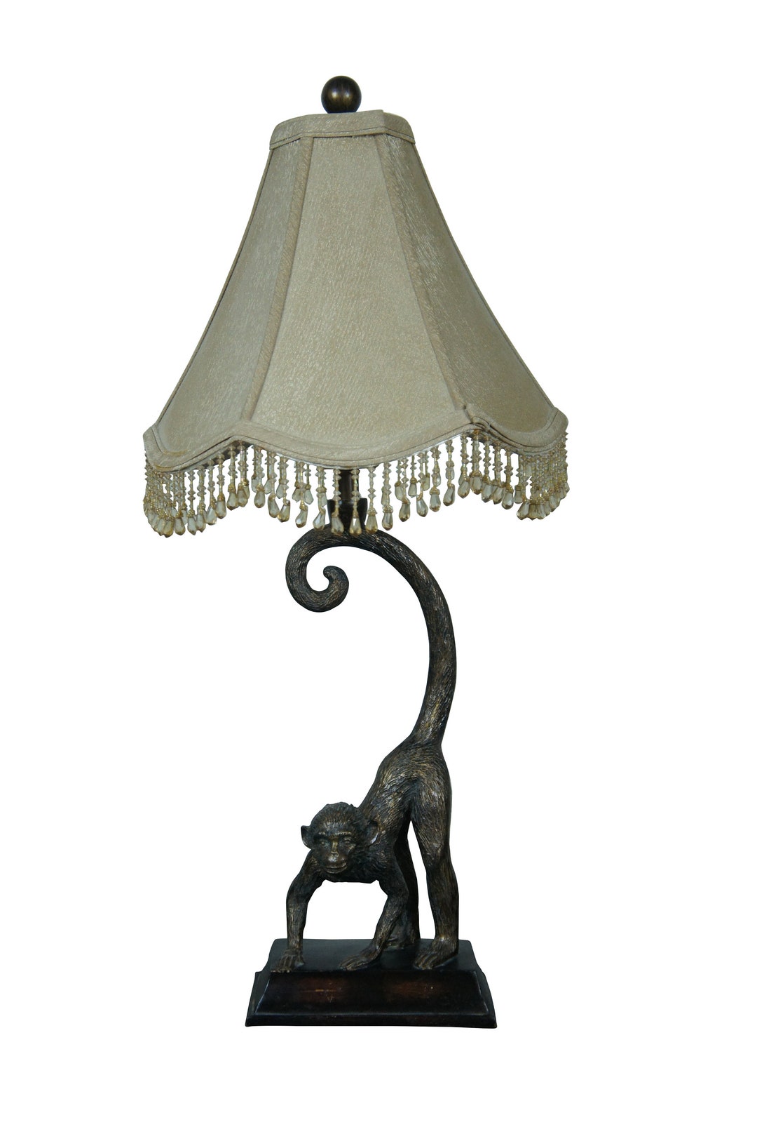 Vintage Figural Monkey Library Table Lamp W Beaded Shade Bronze Finish ...