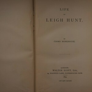 Life of Leigh Hunt by Cosmo Monkhouse 1893 Antique Book London Walter ...