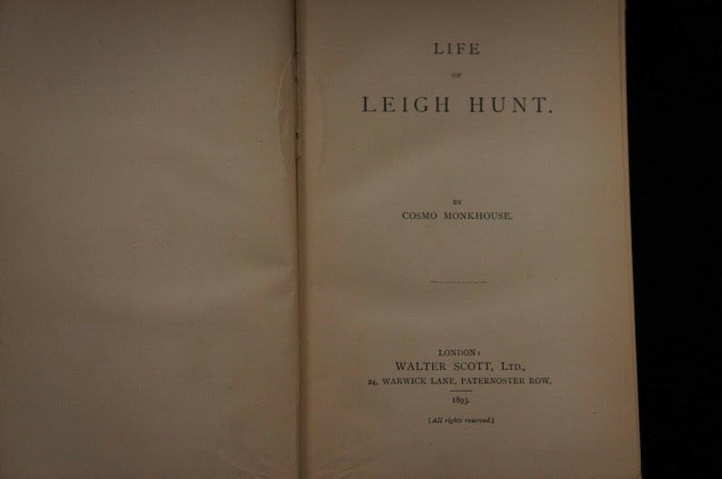Life of Leigh Hunt by Cosmo Monkhouse 1893 Antique Book London Walter ...