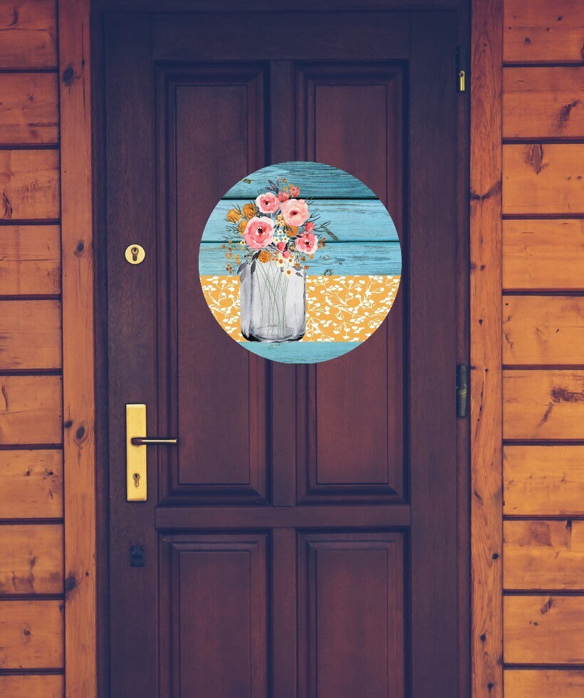 Blue Wood Flower Round Door Hanger Sublimation Door Spring | Etsy