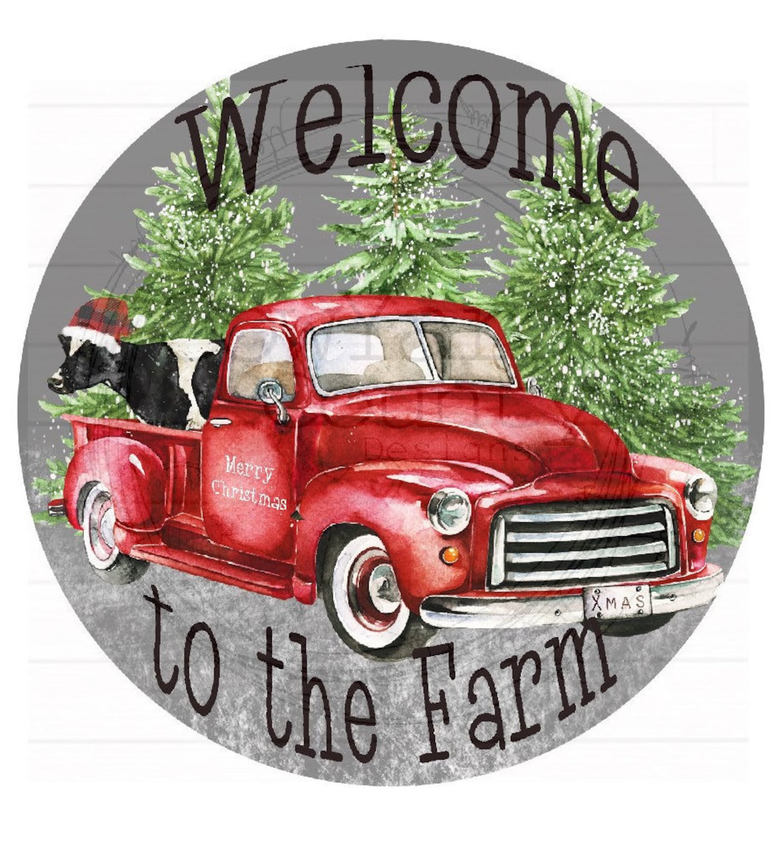 Red Truck Christmas Door Hanger Hardboard Circle Template - Etsy