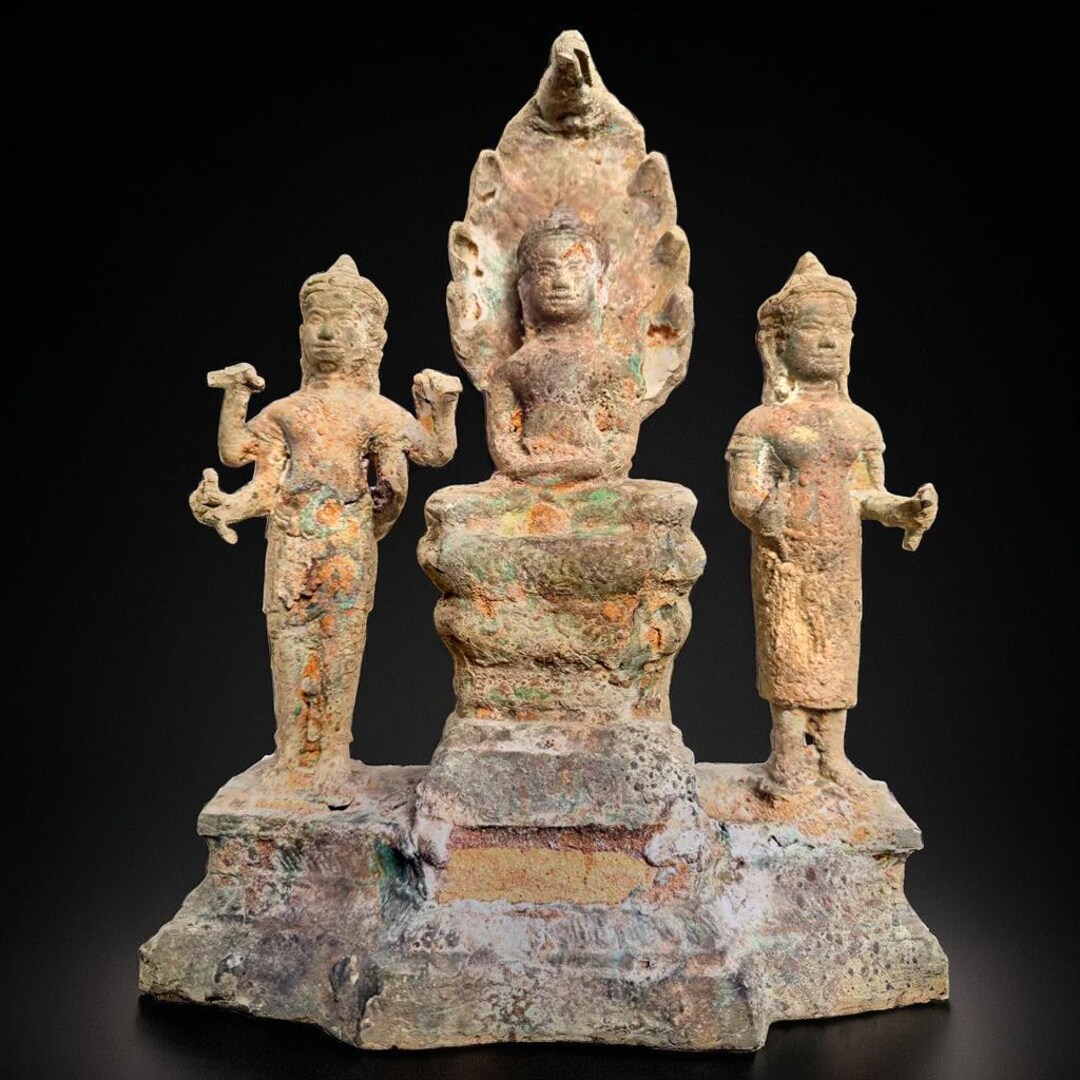 Bottom Find Antique Khmer Bronze Buddha Triad Style of the Bayon ...