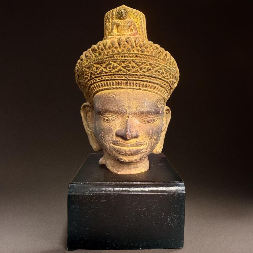 Exquisite Antique Khmer Stone Head Sculpture - Angkorian Male Deity ...