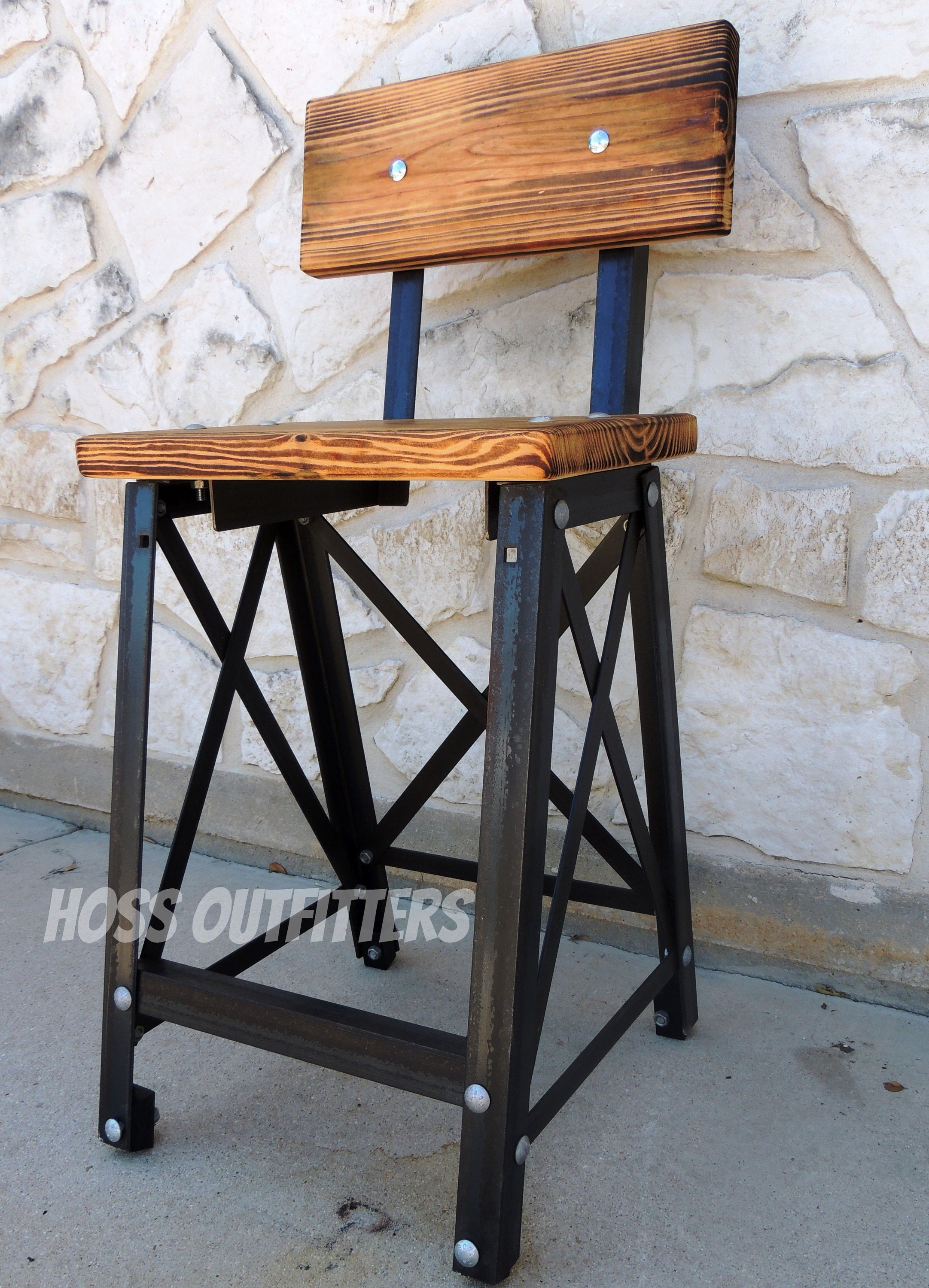 Industrial Style Bar Height Bar Stool With Back, Metal and Wood Bar ...