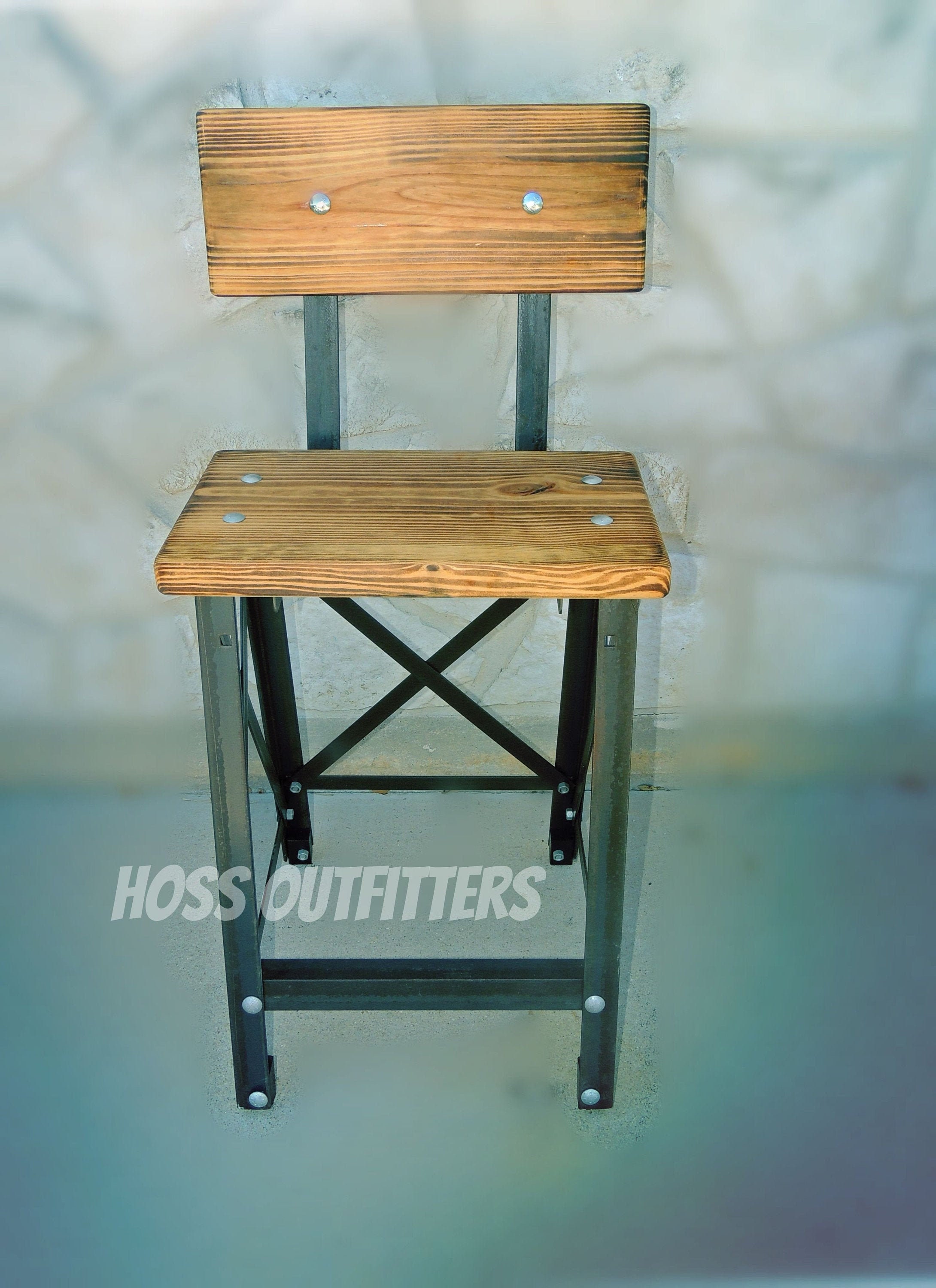 Industrial Style Bar Height Bar Stool With Back, Metal and Wood Bar ...