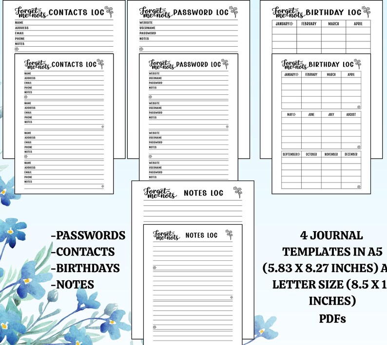 Floral Password Log, Password Tracker, Password Template, Printable ...