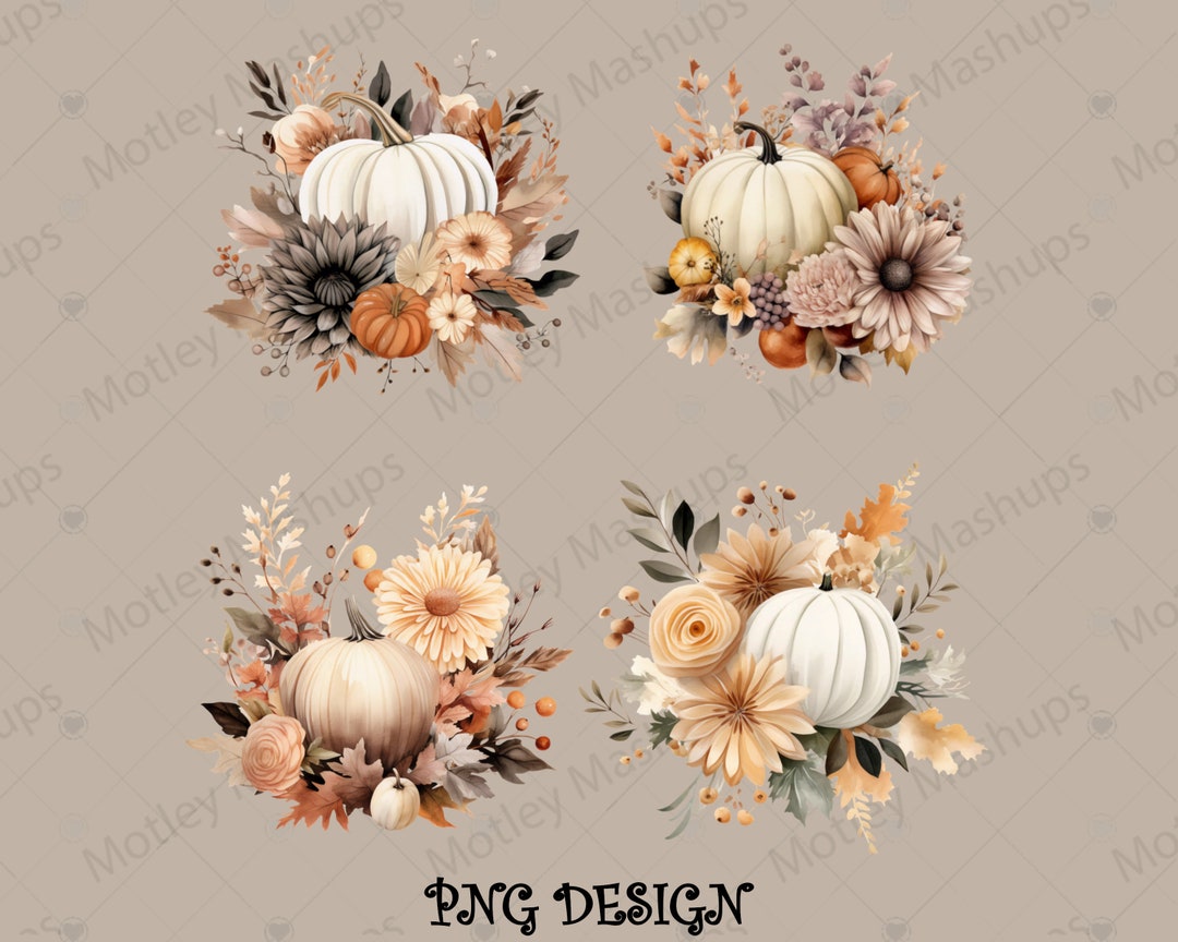 Watercolor Pumpkin Floral Clipart, Autumn Thanksgiving PNG (digital ...
