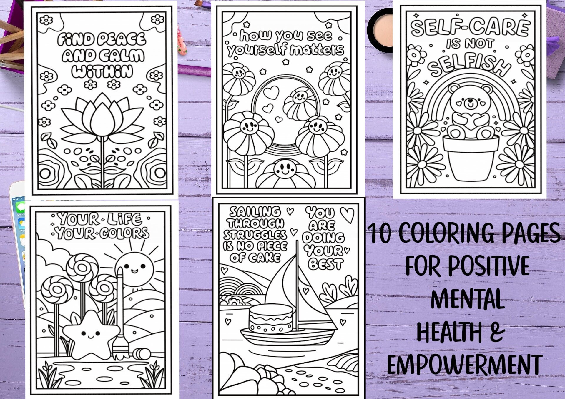 Positive Mental Health Coloring Pages, Empowerment, Self-care Era, Girl ...
