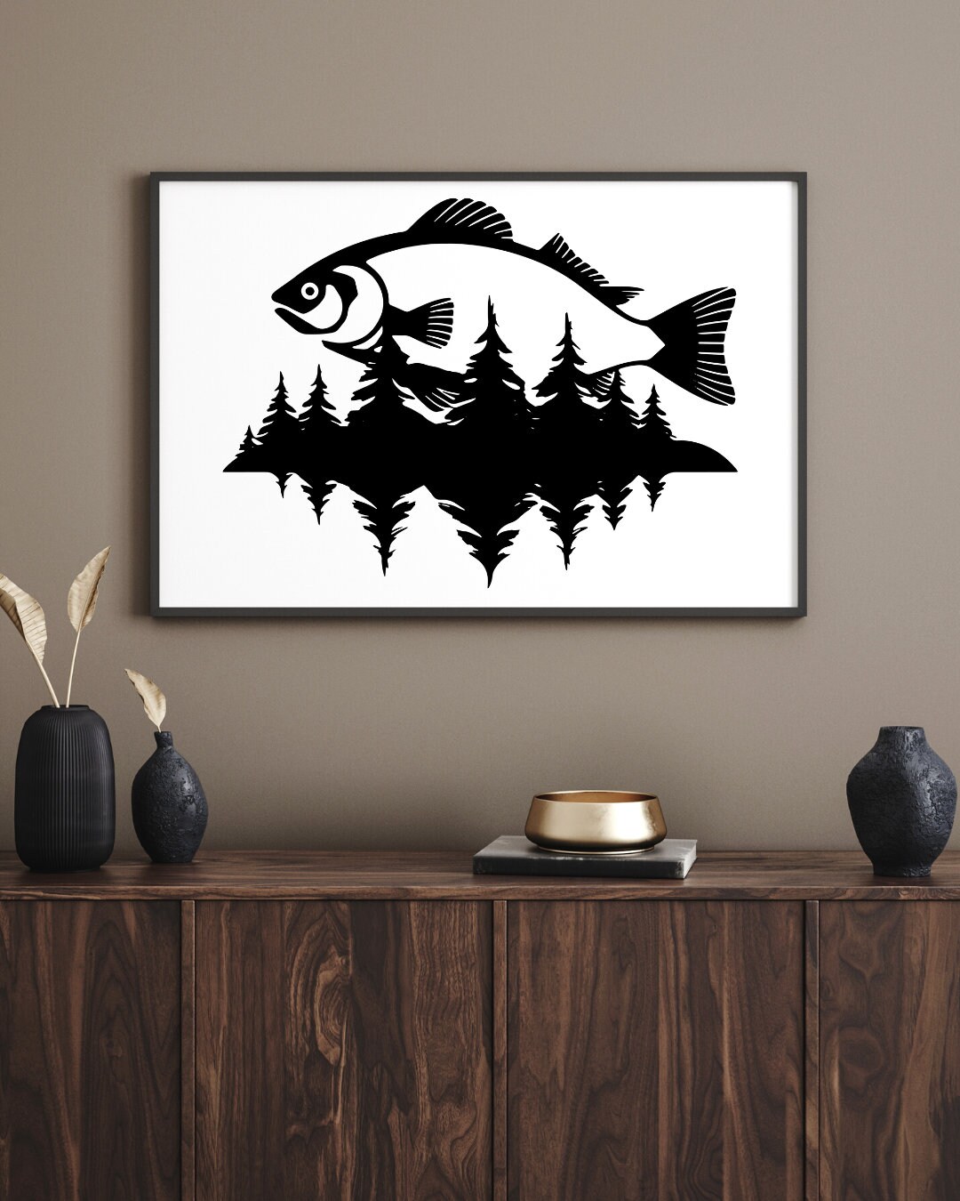 Fish and Trees SVG With Mountains, Fishing SVG, Trout Fishing, Fish and ...