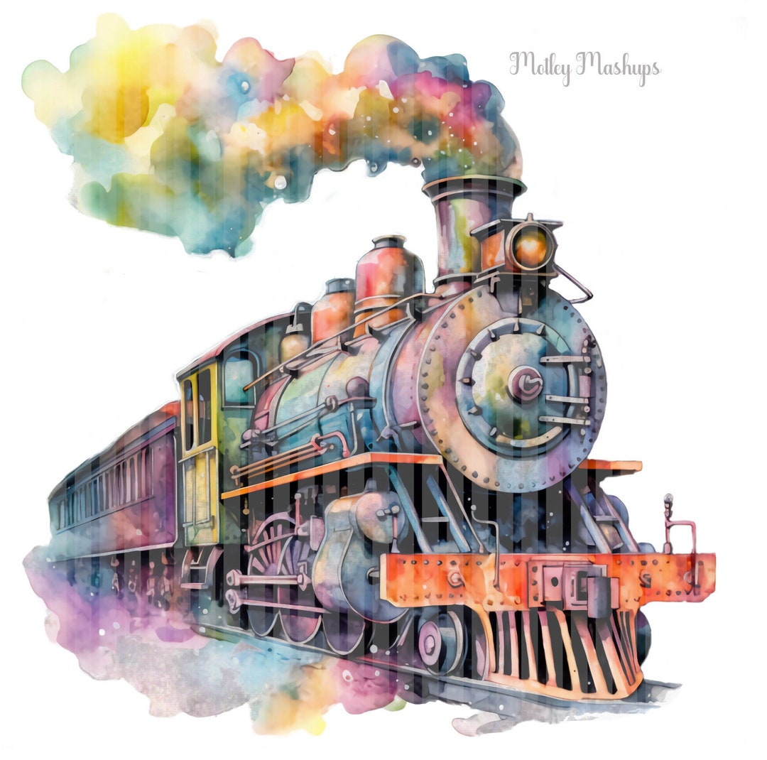 Steam Train Pastel Watercolor, Locomotive Train Clipart Multi-colored ...