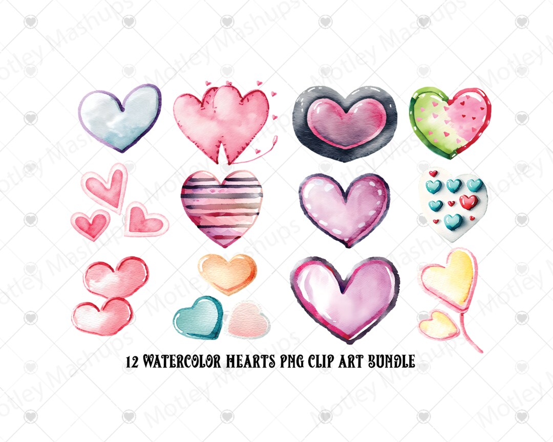 Valentine's Day Heart Clipart Png Watercolor Bundle Set, Hearts Png ...