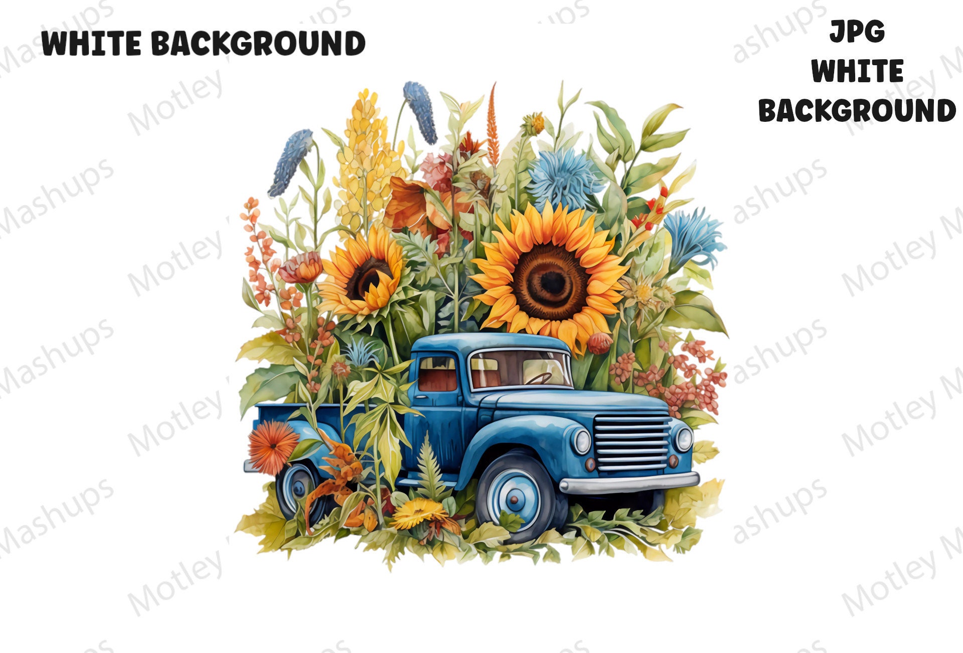 Rustic Blue Farm Pickup Truck Tall Sunflowers and Wildflowers Truck ...