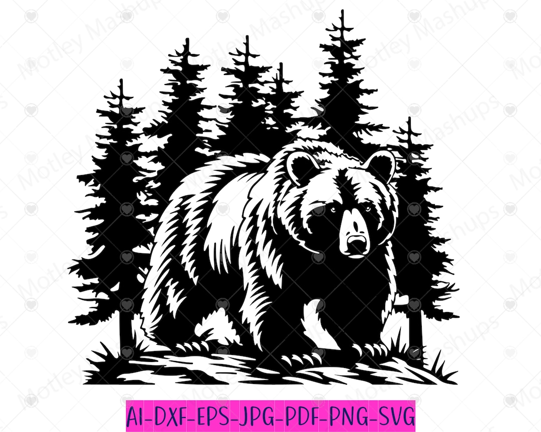 Walking Grizzly Bear Svg, Bear Forest Scene. Wildlife Svg, Outdoor Svg, Evergreen Trees Svg Png ...