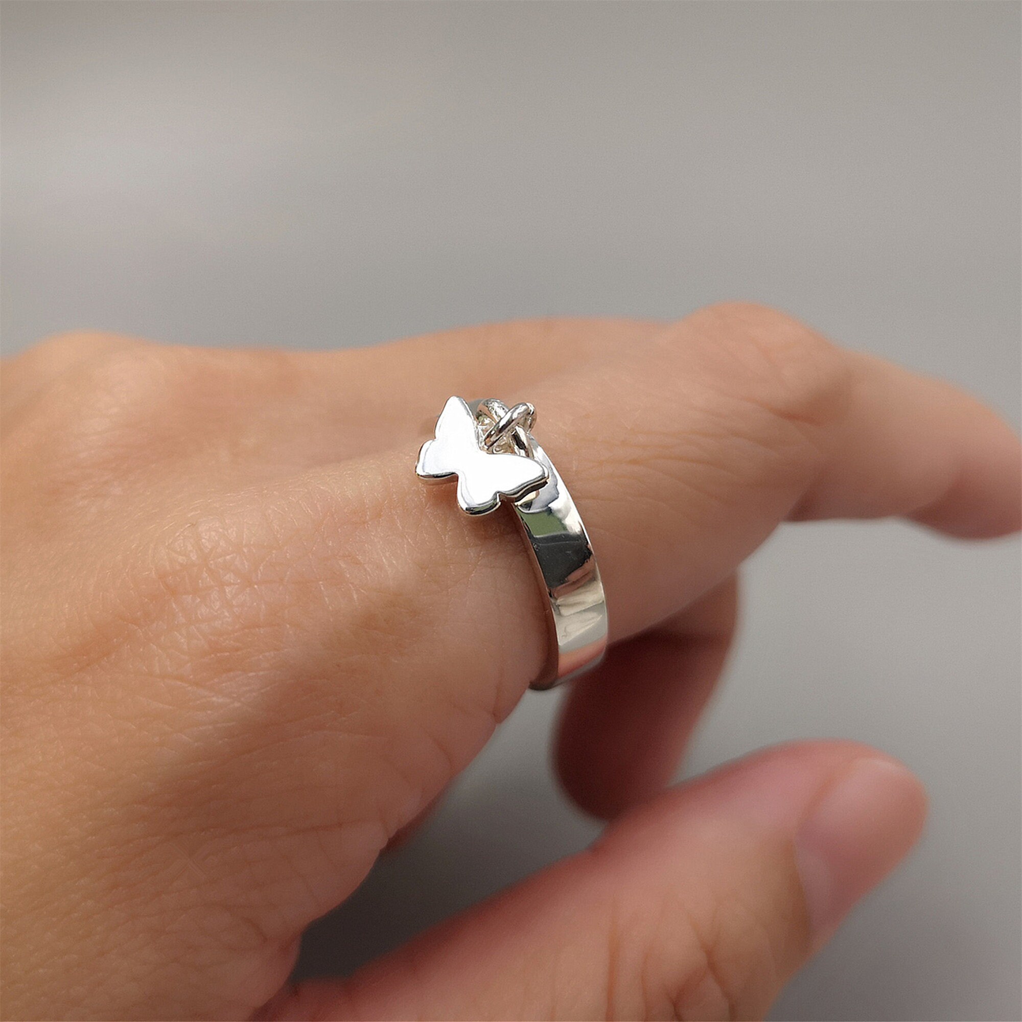 Personalized Butterfly Dangle Ring Sterling Silver Engraved Band Ring ...