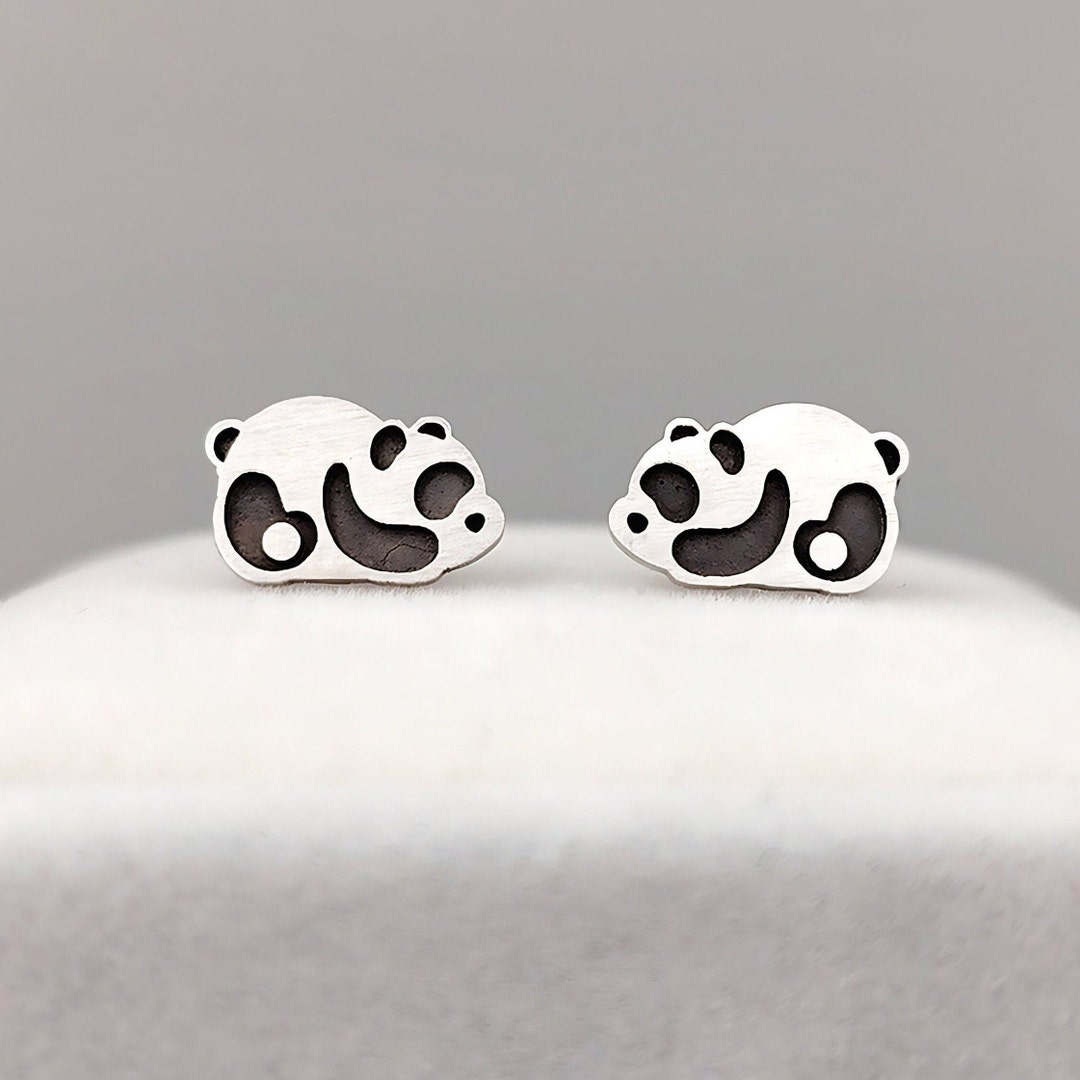 Cute Panda Earrings Sterling Silver • Satin Oxidized Finish • Push or ...