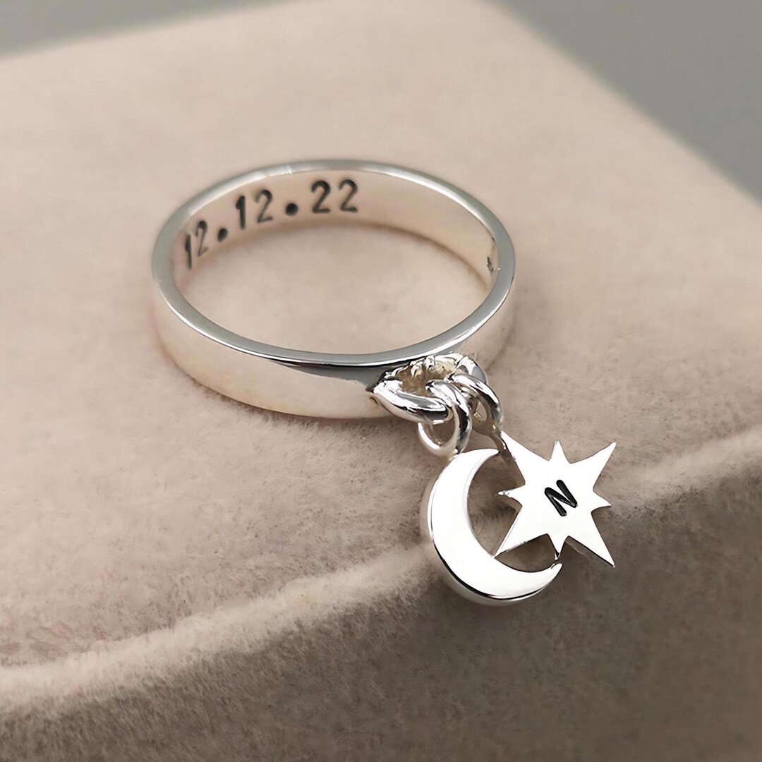 Moon and Star Dangle Ring Sterling Silver • Moon Star Ring • Personalized Ring • Celestial ...