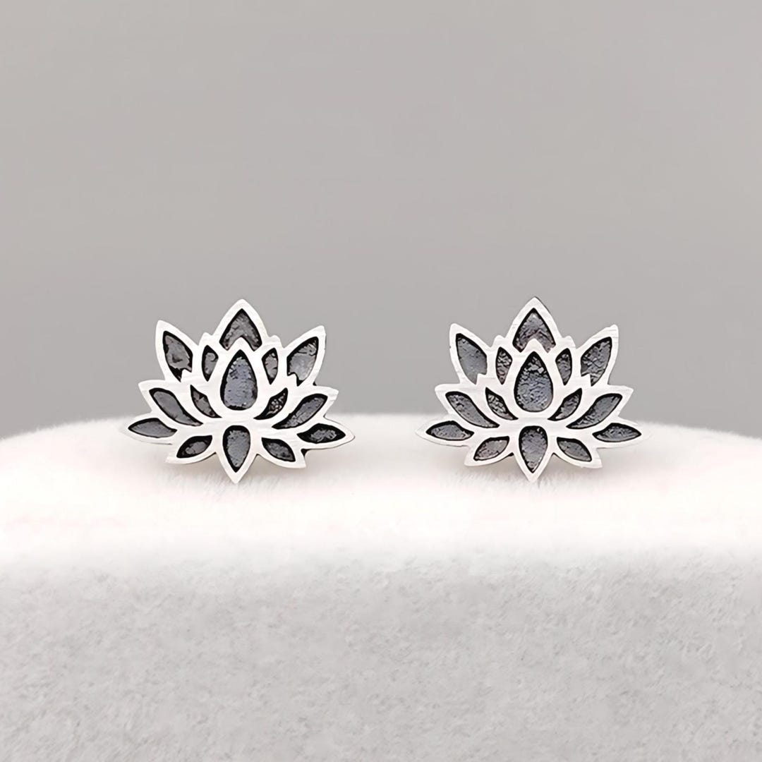 Lotus Flower Stud Earrings Sterling Silver - Boho Jewelry - Oxidized ...