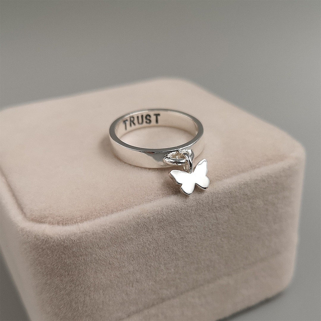 Personalized Butterfly Dangle Ring Sterling Silver Engraved Band Ring ...