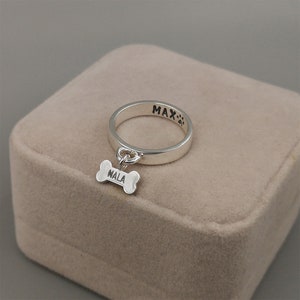 Custom Dog Bone Dangle Ring Silver Dog Bone Ring Pet Name Rings ...