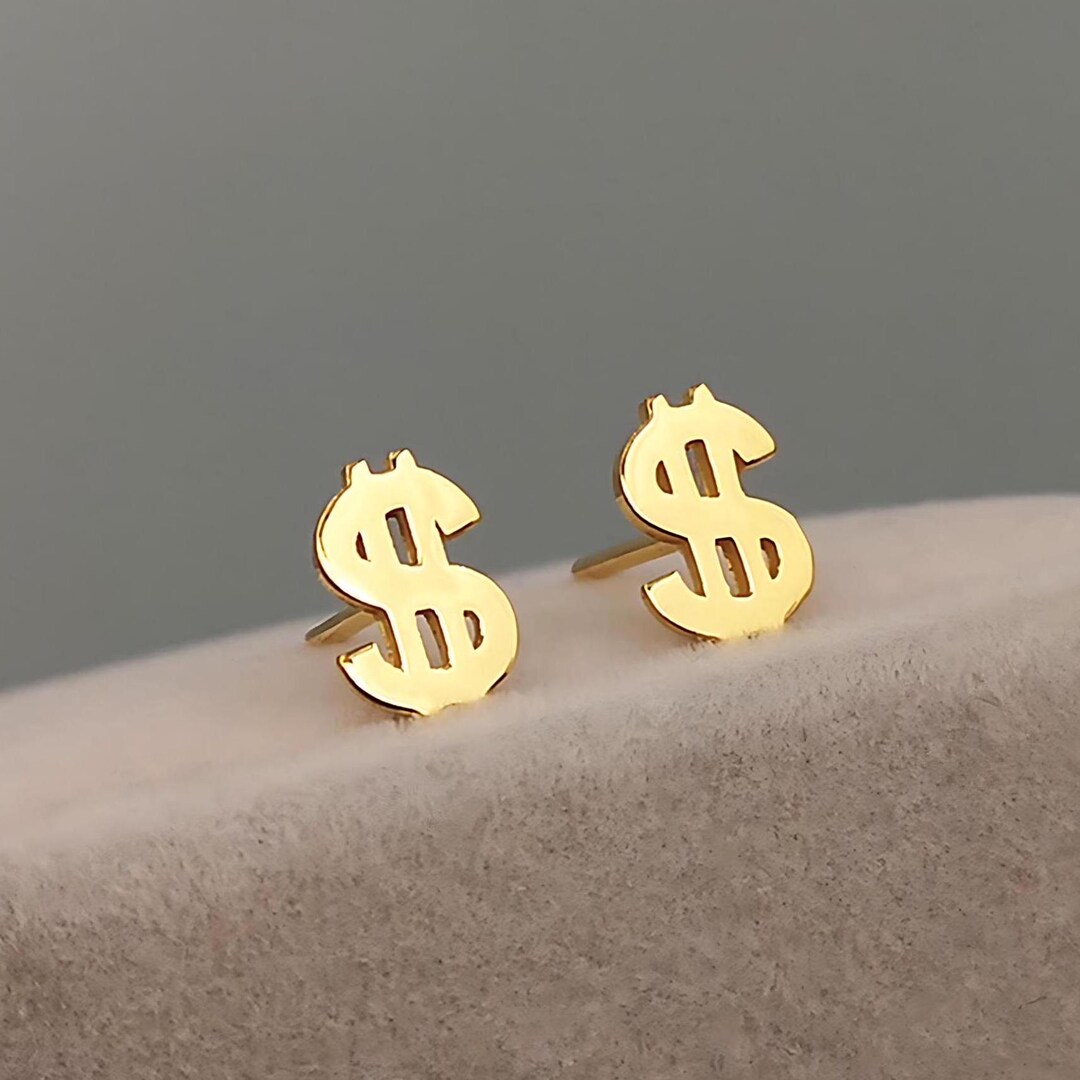 Dollar Sign Stud Earrings Gold, Sterling Silver • Sleek or Satin Finish ...