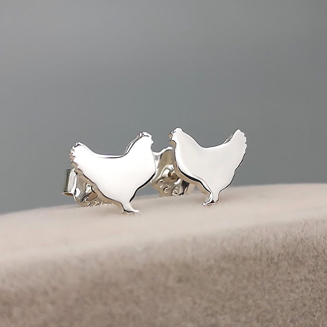 Chicken Stud Earrings Sterling Silver, Gold • Free Engraving • Sleek ...