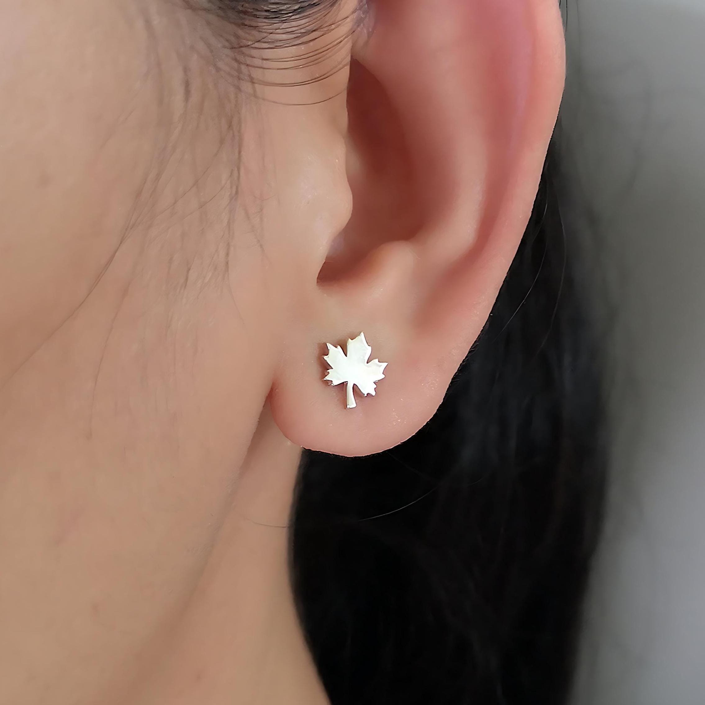 Maple Leaf Stud Earrings Gold, Sterling Silver • Free Engraving • Push ...