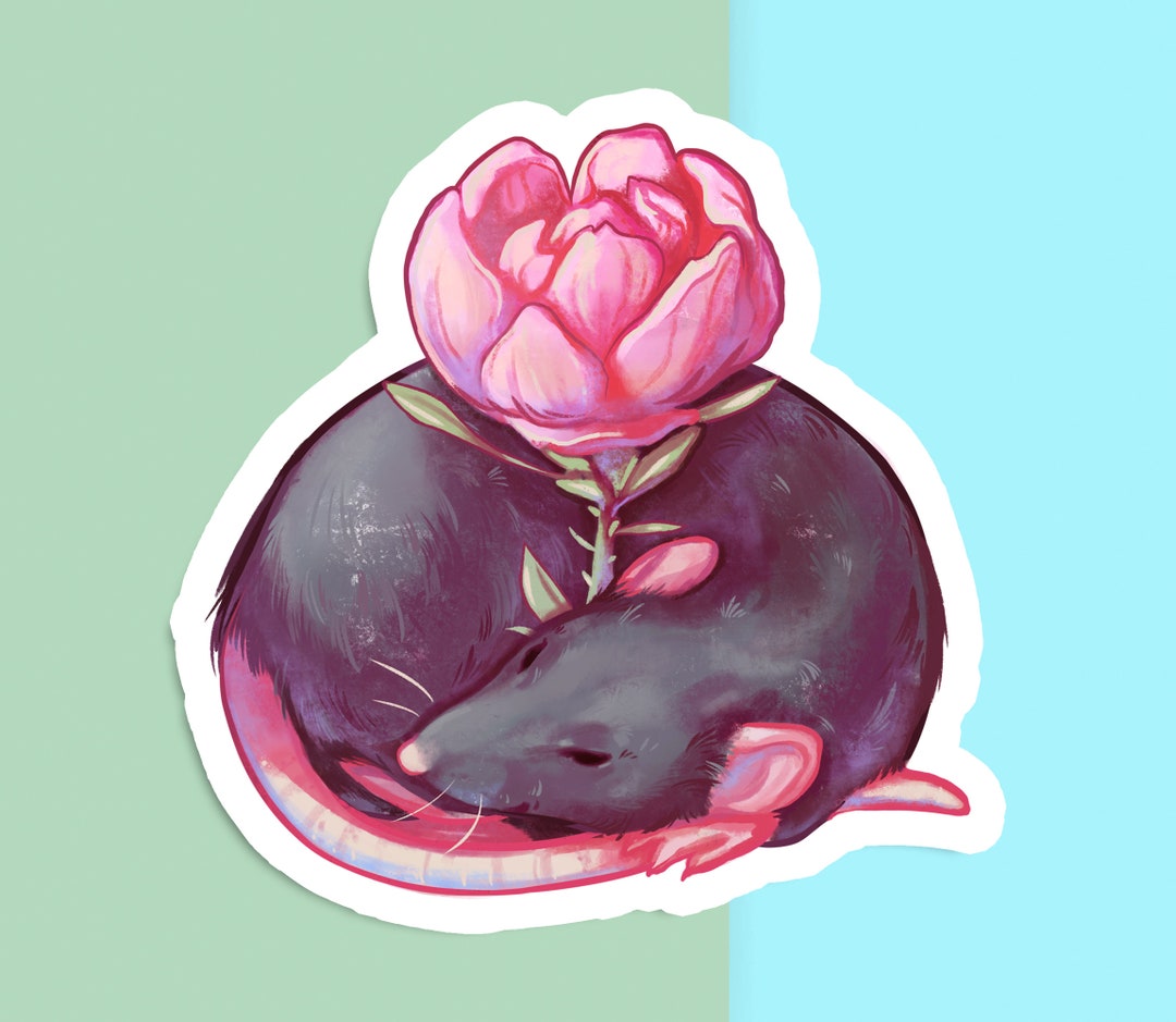 Handcut Vinyl Sticker - Black Dumbo Fancy Rat With Pink Peony - Matte ...
