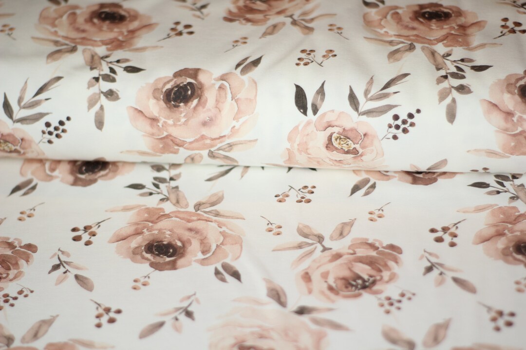 REMAINING PIECE 0.75 M Jersey Roses Flowers Watercolor Cream Pattern ...