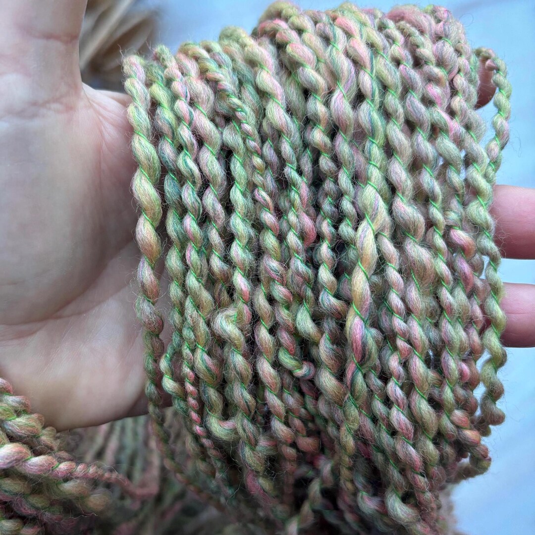 Hand Spun Merino Wool Art Yarn: Chunky Green Pink Yellow Blend, 120yd ...