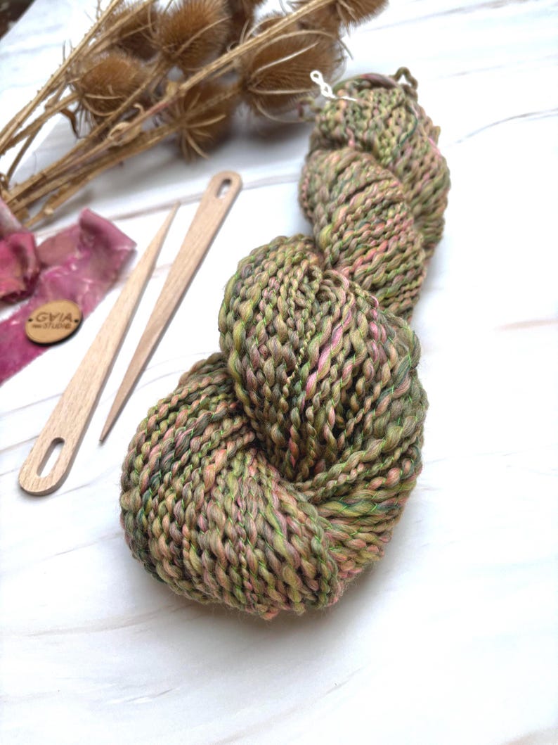 Hand Spun Merino Wool Art Yarn: Chunky Green Pink Yellow Blend, 120yd ...