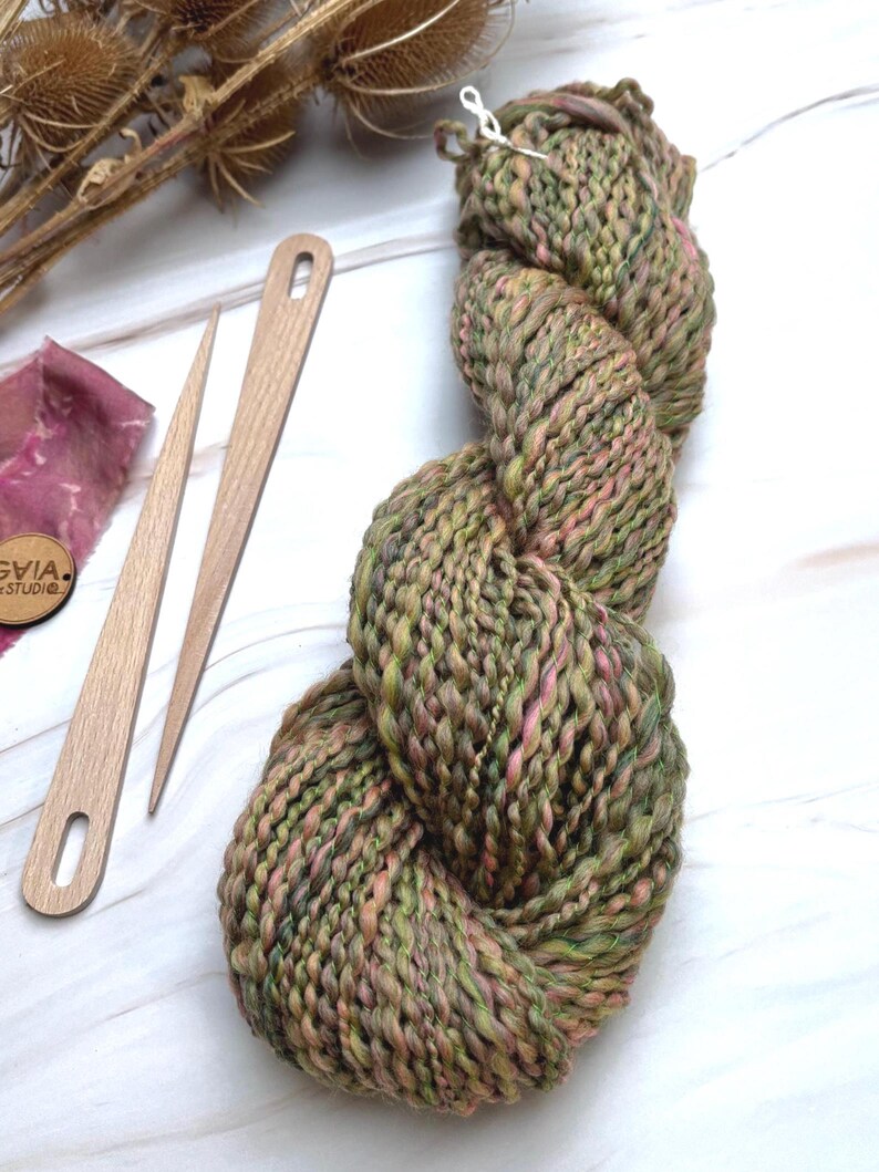 Hand Spun Merino Wool Art Yarn: Chunky Green Pink Yellow Blend, 120yd ...